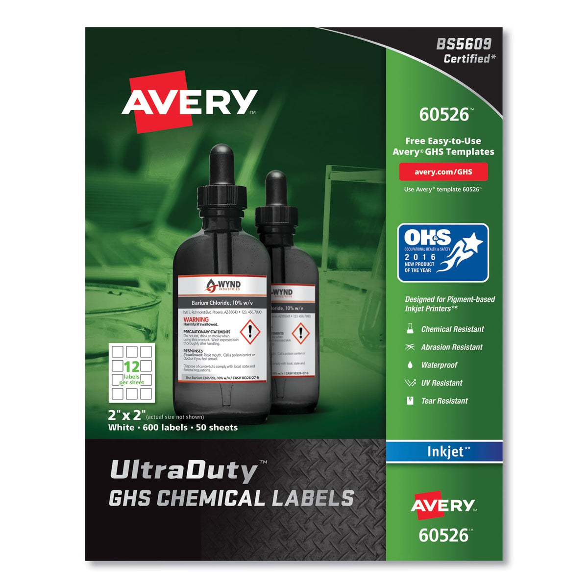 Avery UltraDuty GHS Chemical Waterproof and UV Resistant Labels, 2 x 2 ...
