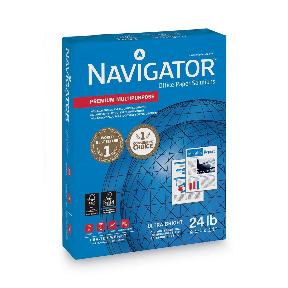 Navigator Premium Multipurpose Copy Paper, 97 Bright, 24 lb Bond Weigh ...